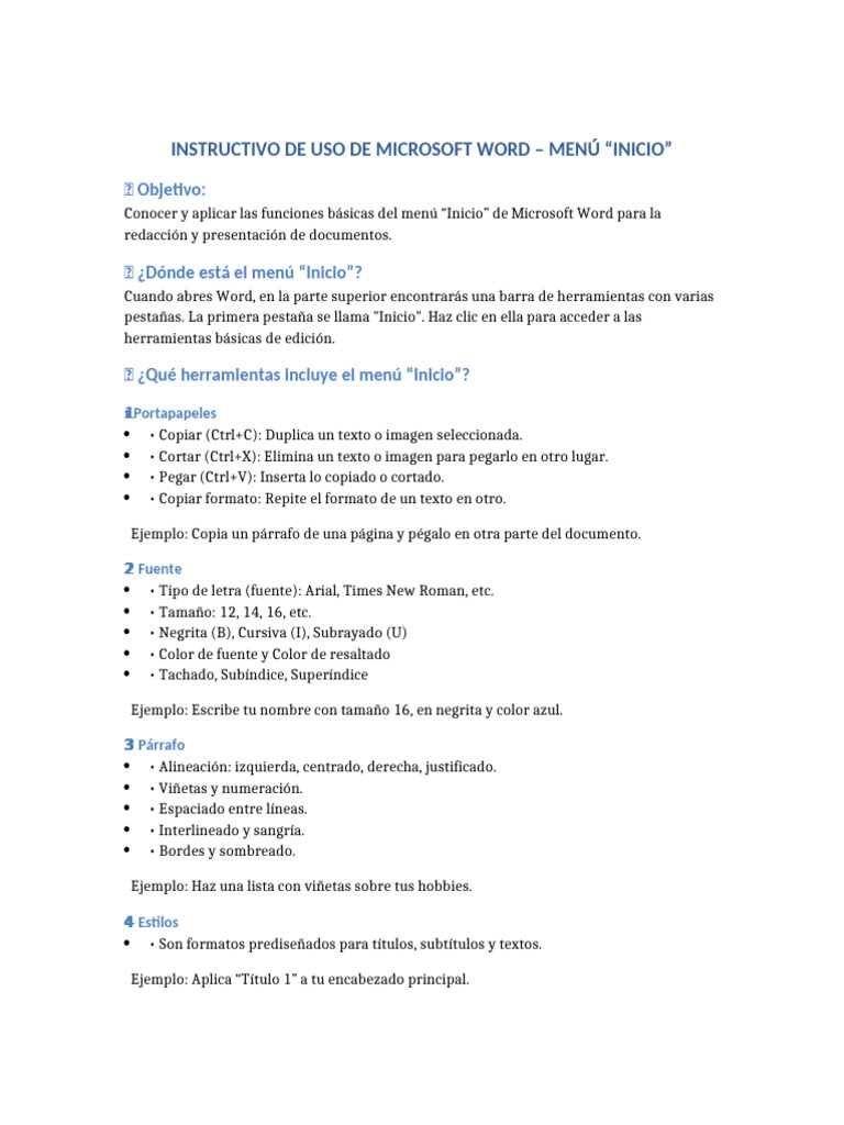 Instructivo MS Word Menu Inicio | PDF
