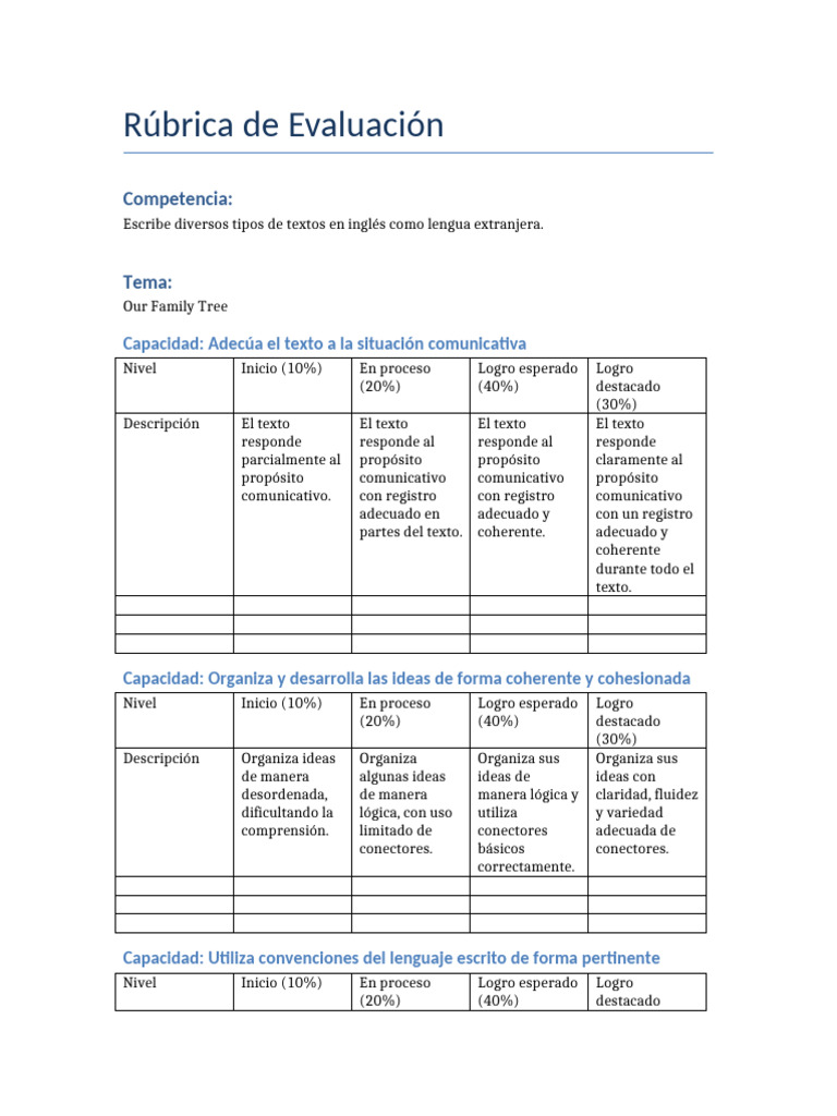 Rubrica Escribe Our Family Tree | PDF | Gramática | Puntuación