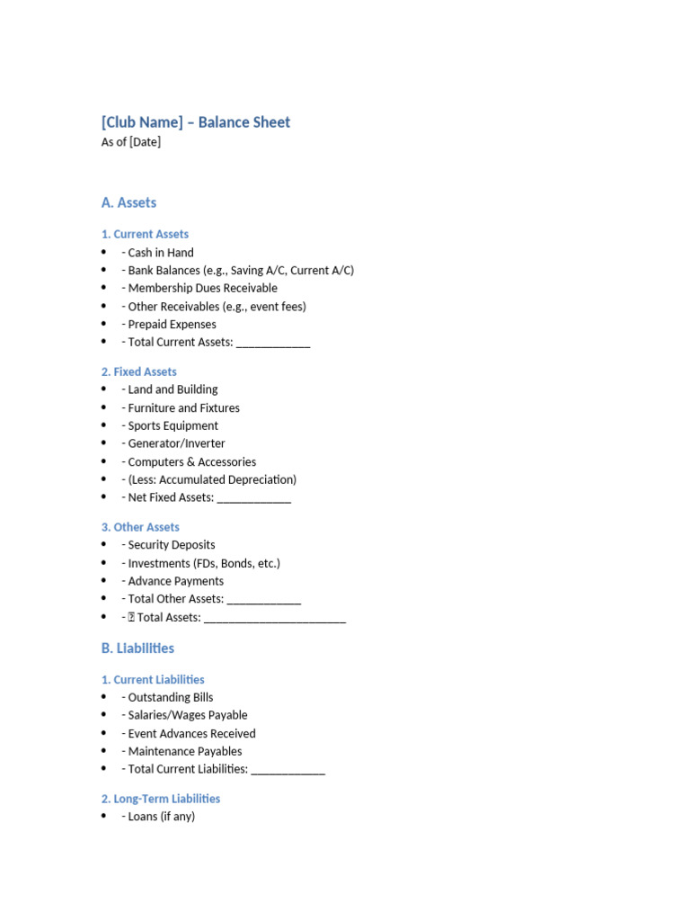 Private Club Balance Sheet Template | PDF