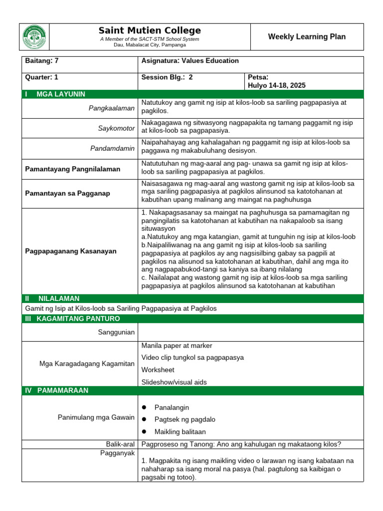 STM Learning Plan Template - Filipino | PDF