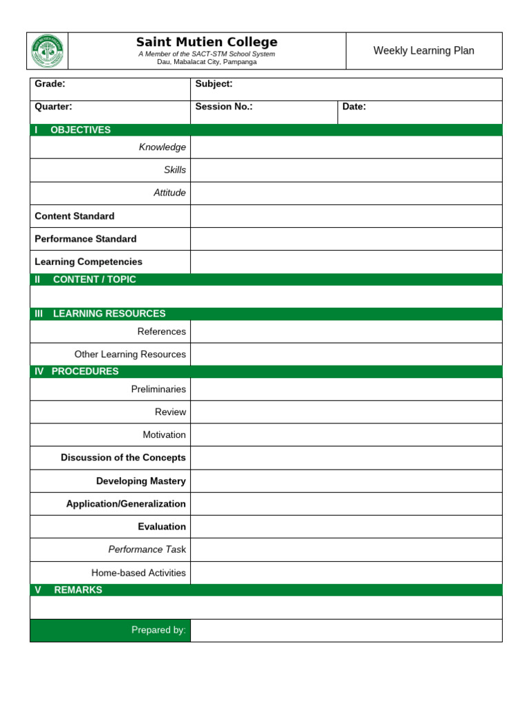 Weekly Lesson Plan for Saint Mutien College | PDF