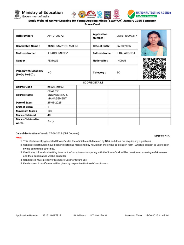 Chitti NPTEL Result | PDF