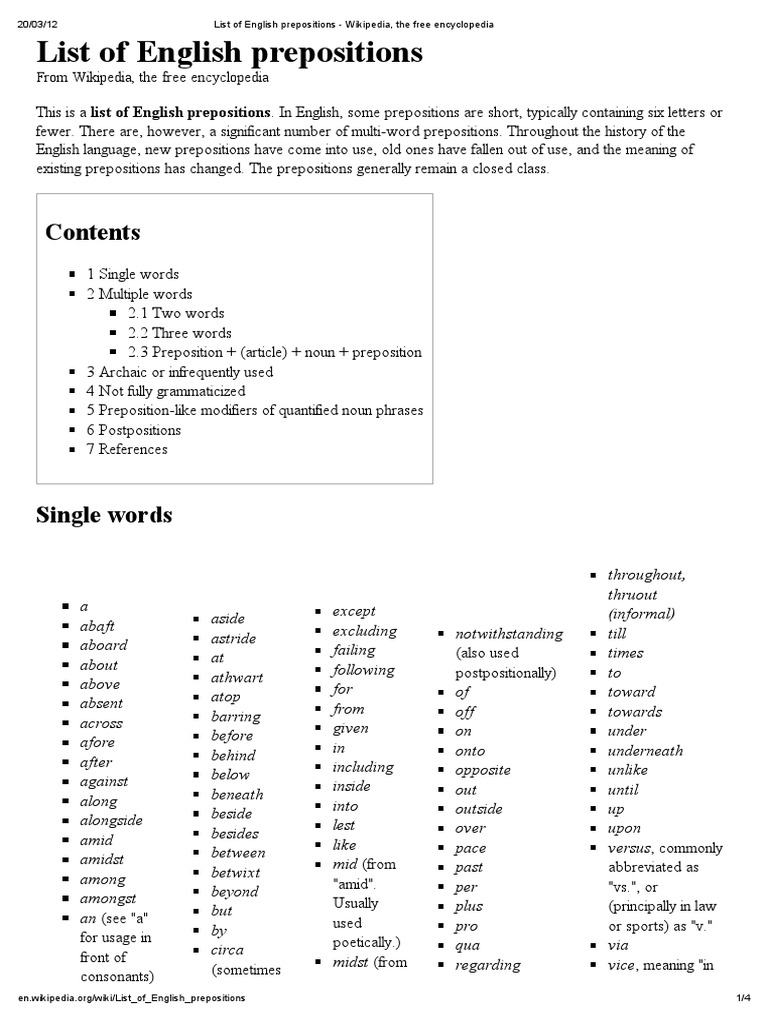 List of English Prepositions - Wikipedia, The Free Encyclopedia | PDF ...