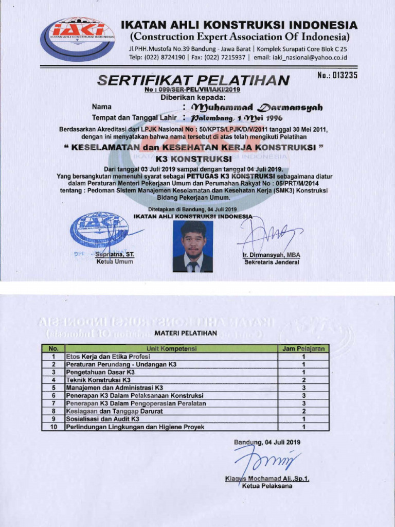 Sertifikat K3 Muhammad Darmansyah | PDF