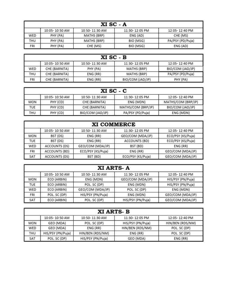 Class Xi Time Table | PDF