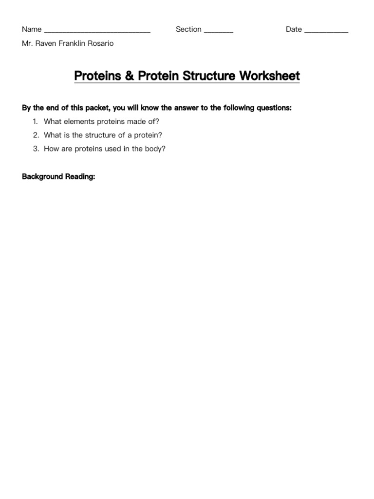 Proteins and Protein Structure Worksheet 1 | PDF | Proteins | Amino Acid
