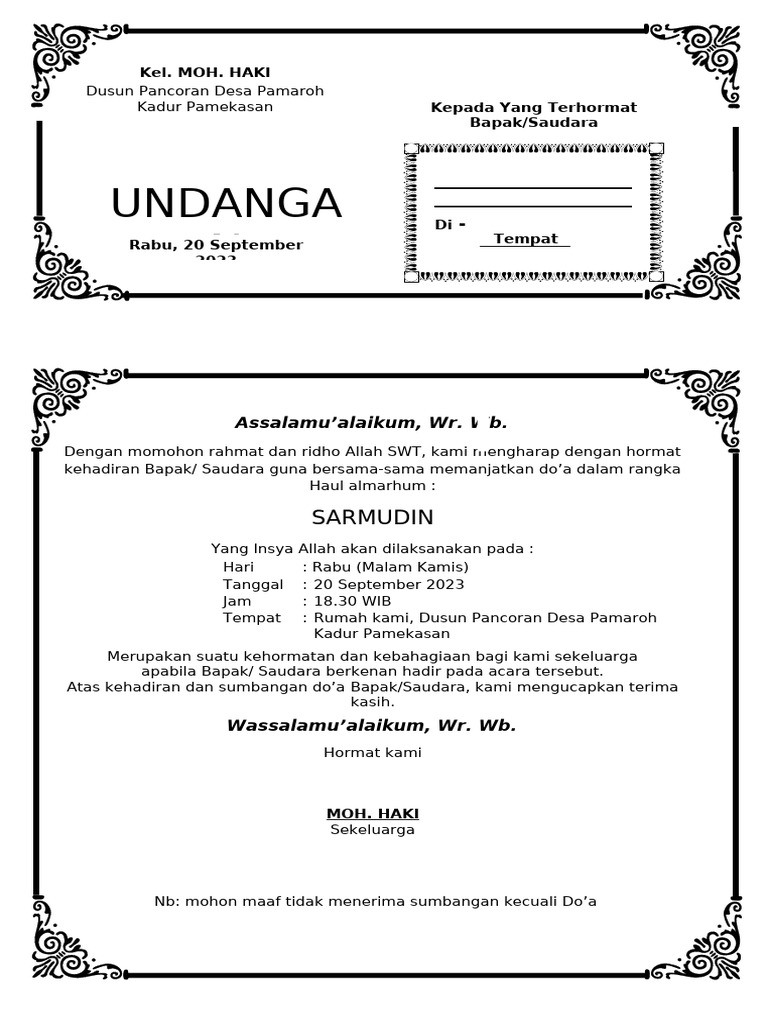 Undangan Haul Almarhum Sarmudin | PDF