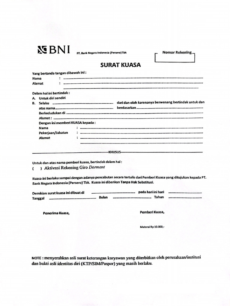 Form Kuasa Aktivasi Rek Giro Dormant | PDF