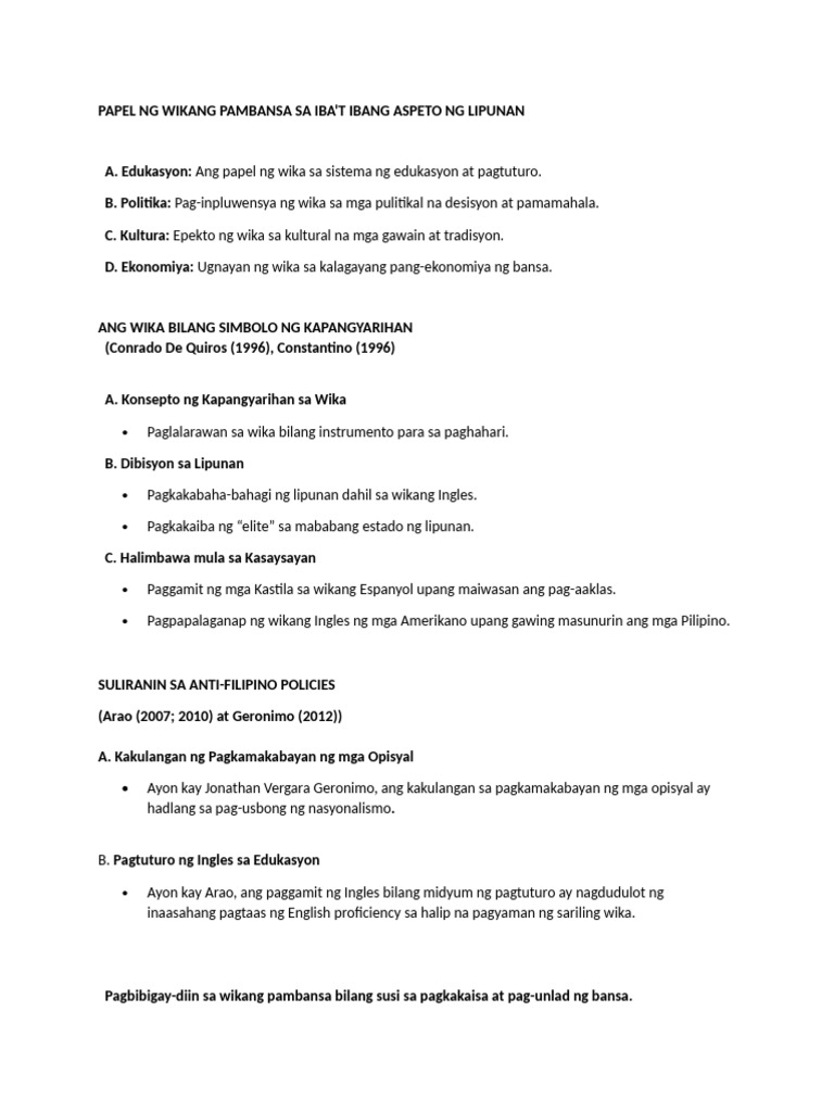 Papel NG Wikang Pambansa Sa Iba | PDF