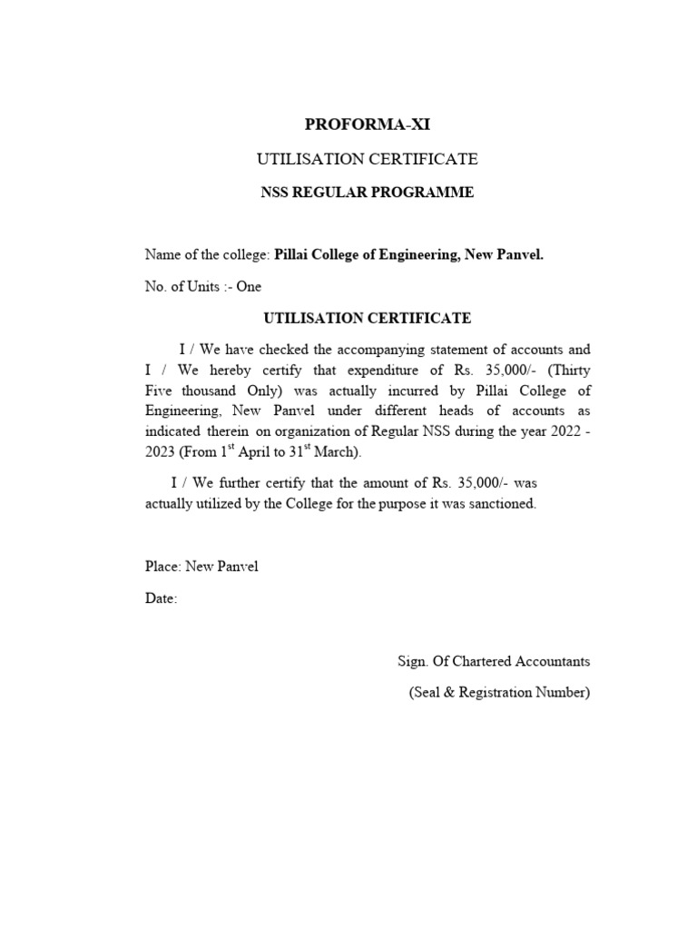 Utilization Certificate 2022-23 - Reg | PDF