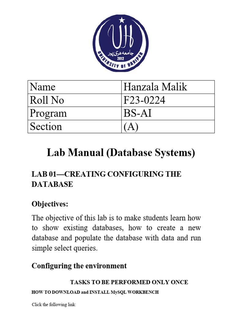 Database Lab Manual Hanzala Malik | PDF | Database Index | Table (Database)