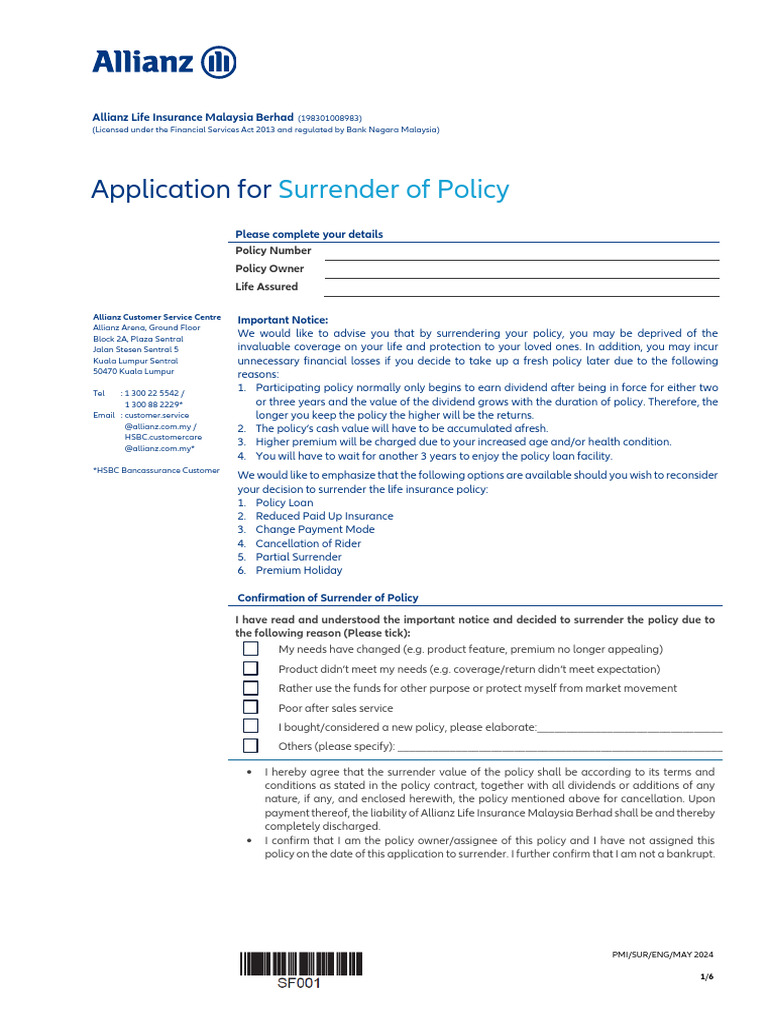 SurrenderForm 2406 Eng | PDF | Banks | Insurance