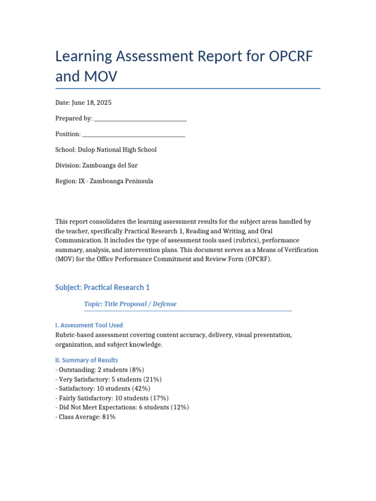 OPCRF Learning Assessment Report Revised | PDF | Public Speaking | Communication