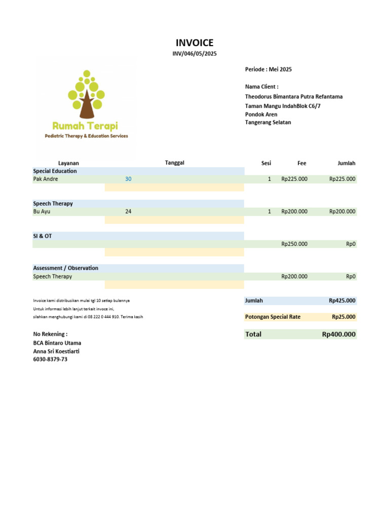 Invoice Rumah Terapi Mei 2025 | PDF