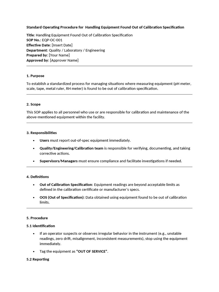 Out of Calibration Equipment SOP | PDF | Calibration | Verification And ...