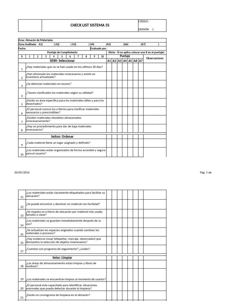Checklist de Evaluación 5S en Almacén | PDF