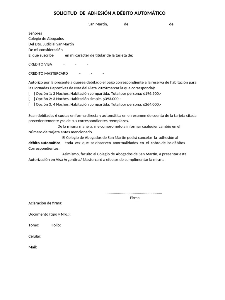 291 Solicitud de Adhesión A Débito Automático | PDF