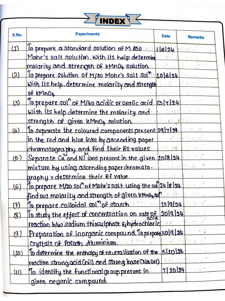 Chemistry Lab Manual Index | PDF