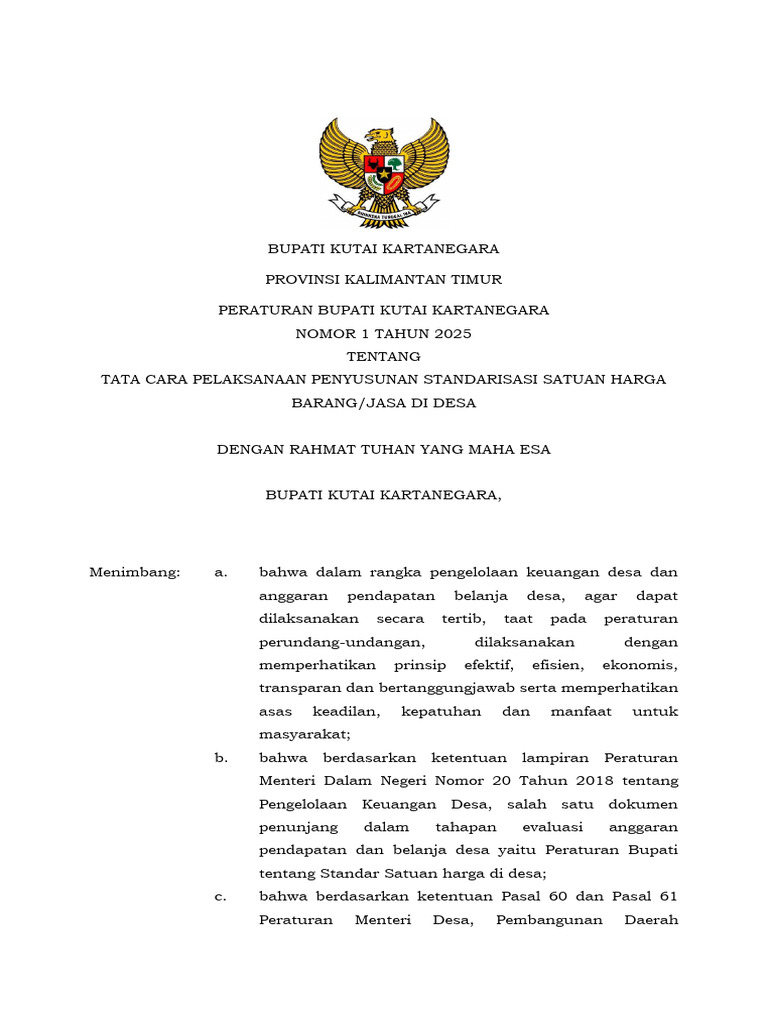 Perbup No 1 Tahun 2025 TTG Shs Desa | PDF