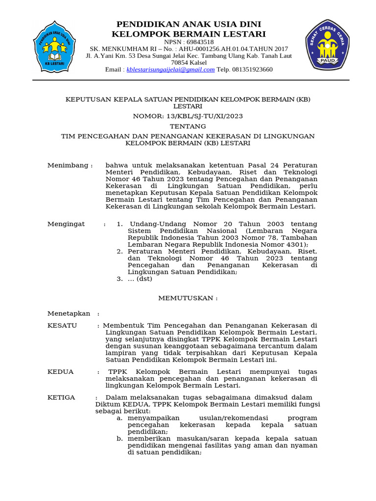 Lampiran 2 - Contoh SK Kepala Satuan Pendidikan Pembentukan TPPK | PDF