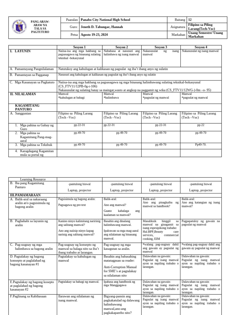 Tabungar DLL Filipino Sa Piling LArang-Tech-Voc Q1 W3 | PDF