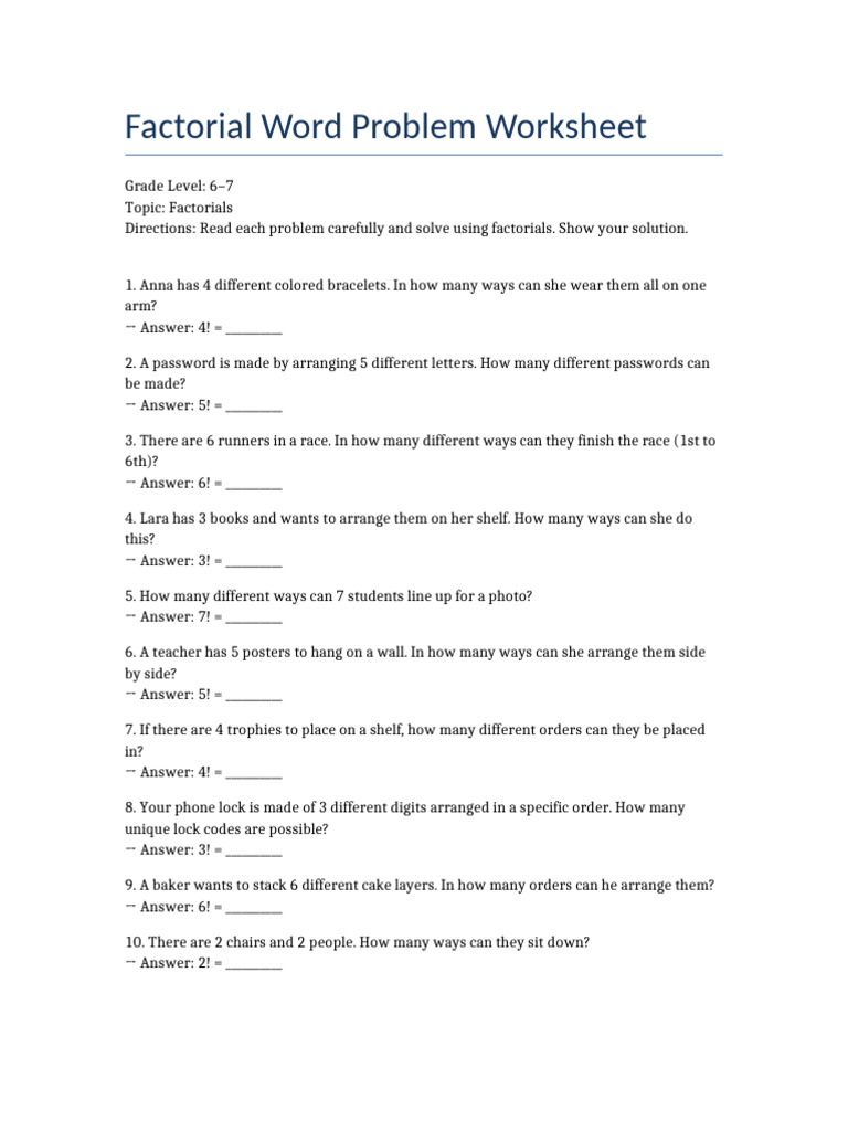 Factorial Word Problem Worksheet | PDF