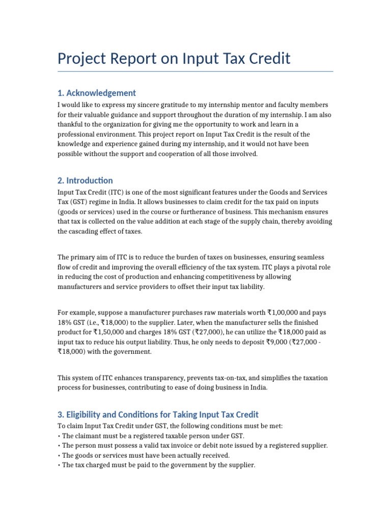 Input Tax Credit Project Report Expanded | PDF | Taxes | Tax Credit