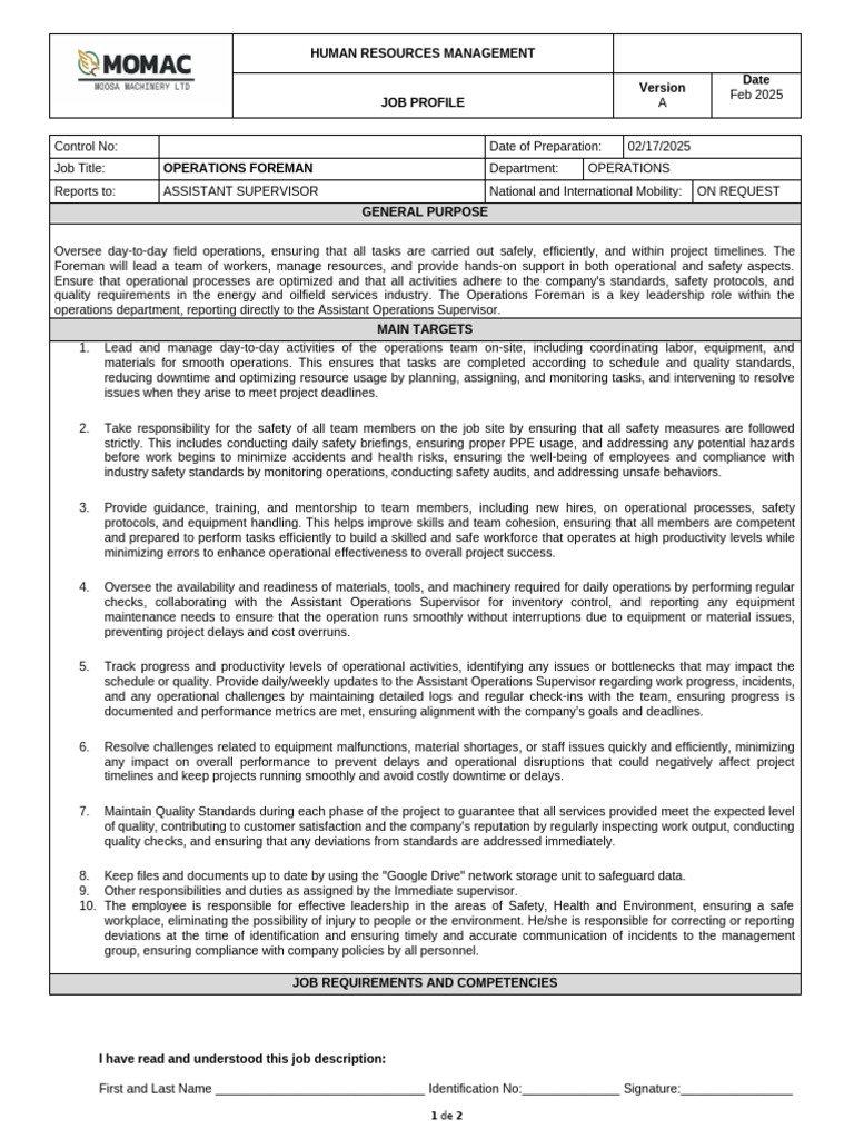 Operations Foreman Rev A | PDF | Safety | Supervisor