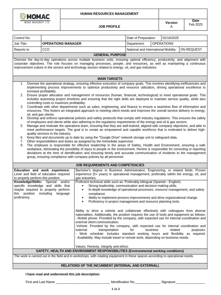 Operations Manager Job Profile 2025 | PDF | Leadership | Safety