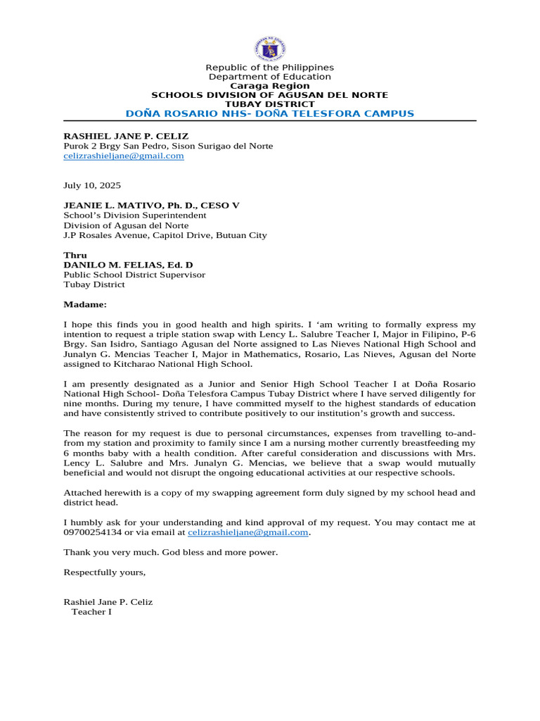 Teacher Station Swap Request Letter | PDF