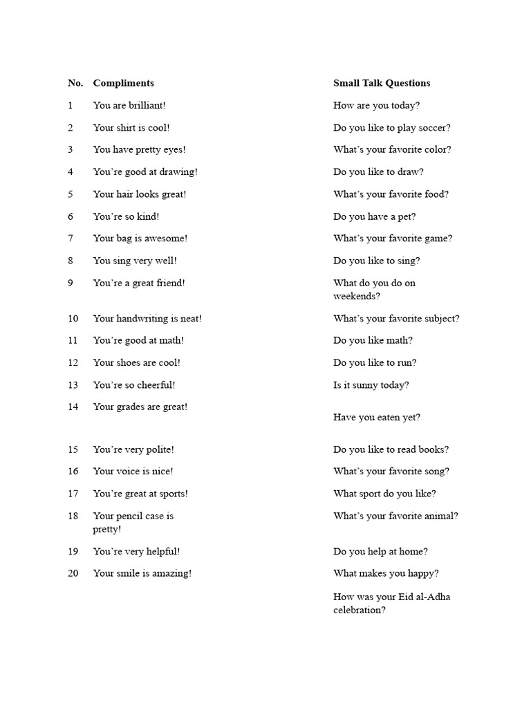 Compliment-Based Small Talk Questions | PDF