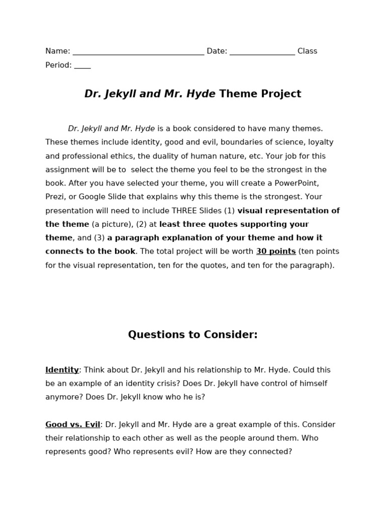 Dr. Jekyll and Mr. Hyde: Theme Project | PDF