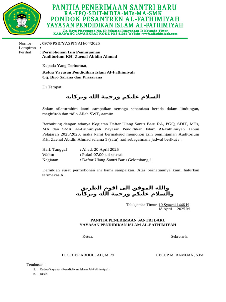 Surat Permohonan Izin Peminjaman Auditorium KH. Zaenal | PDF