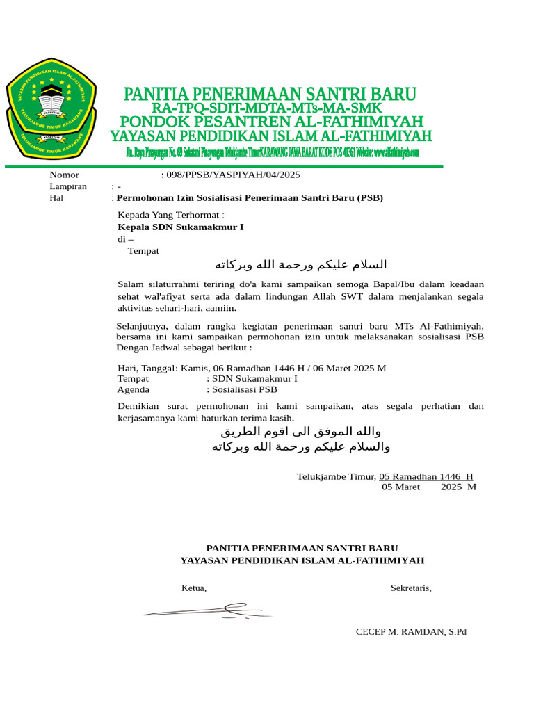 098 Surat Permohonan Izin Sosialisasi PSB MTs | PDF
