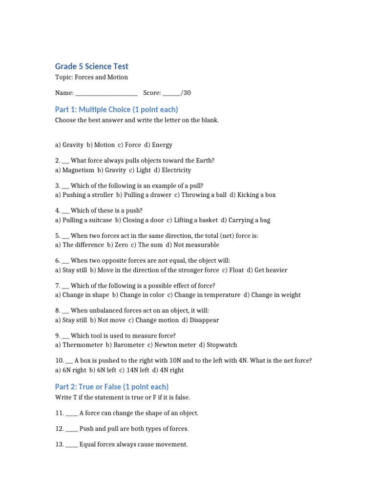 Grade 5 Forces and Motion Test | PDF | Force | Temporal Rates