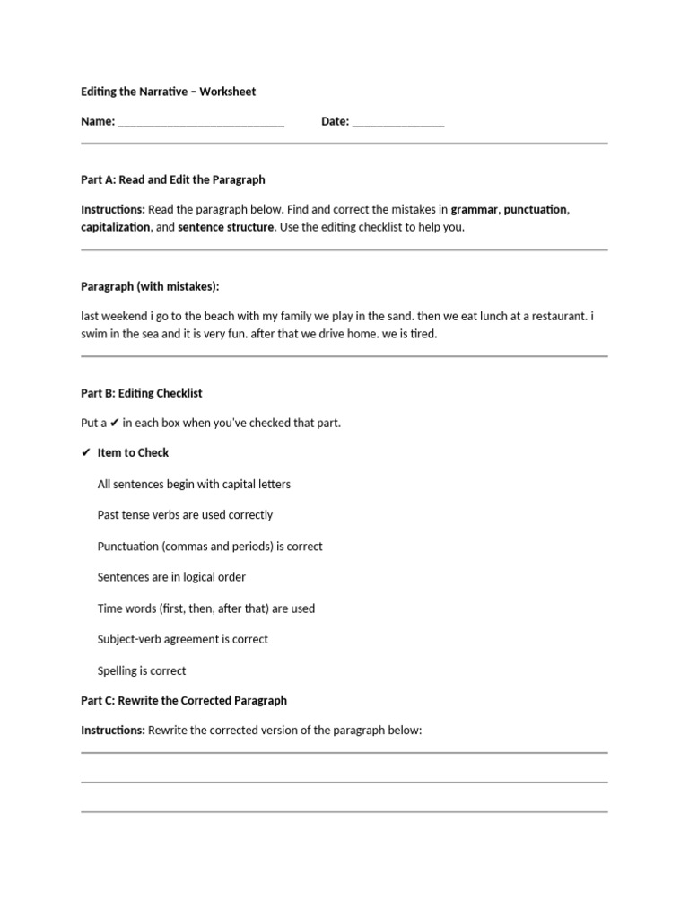 Editing The Narrative - Worksheet | PDF