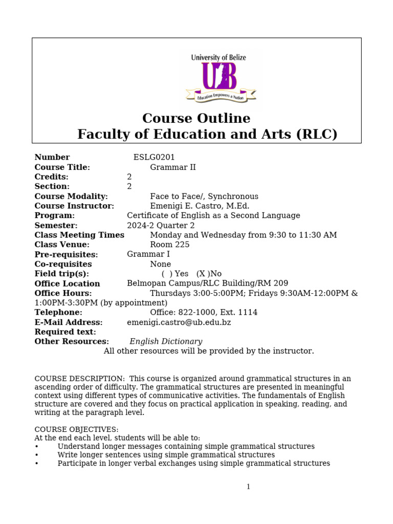 Grammar II Course Outline for ESL Students | PDF | Standardized Tests ...