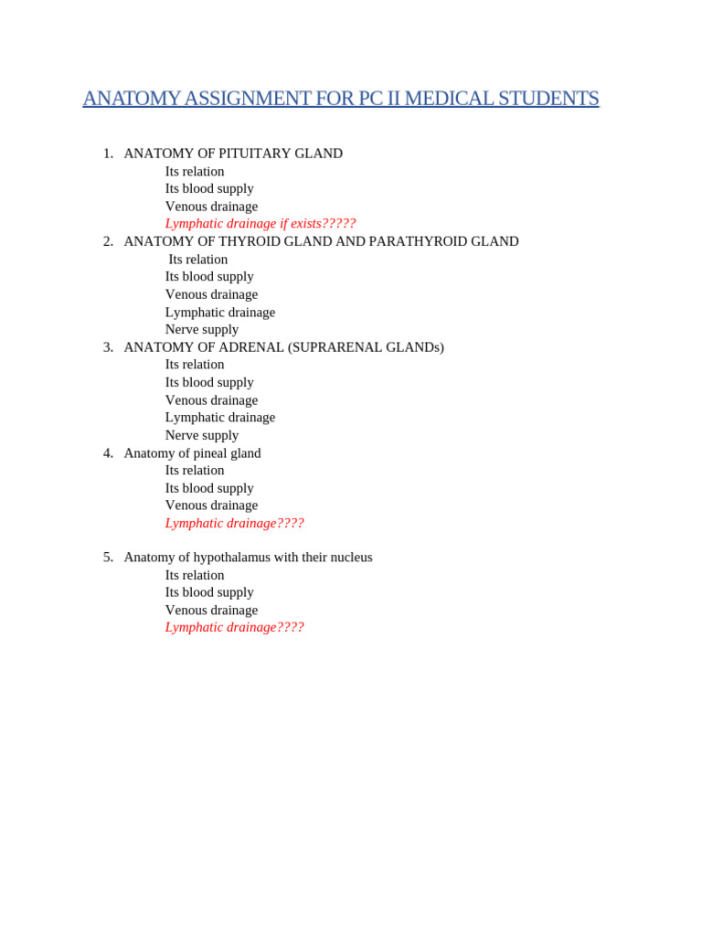 Anatomy Assignment For PC II Medical Students | PDF