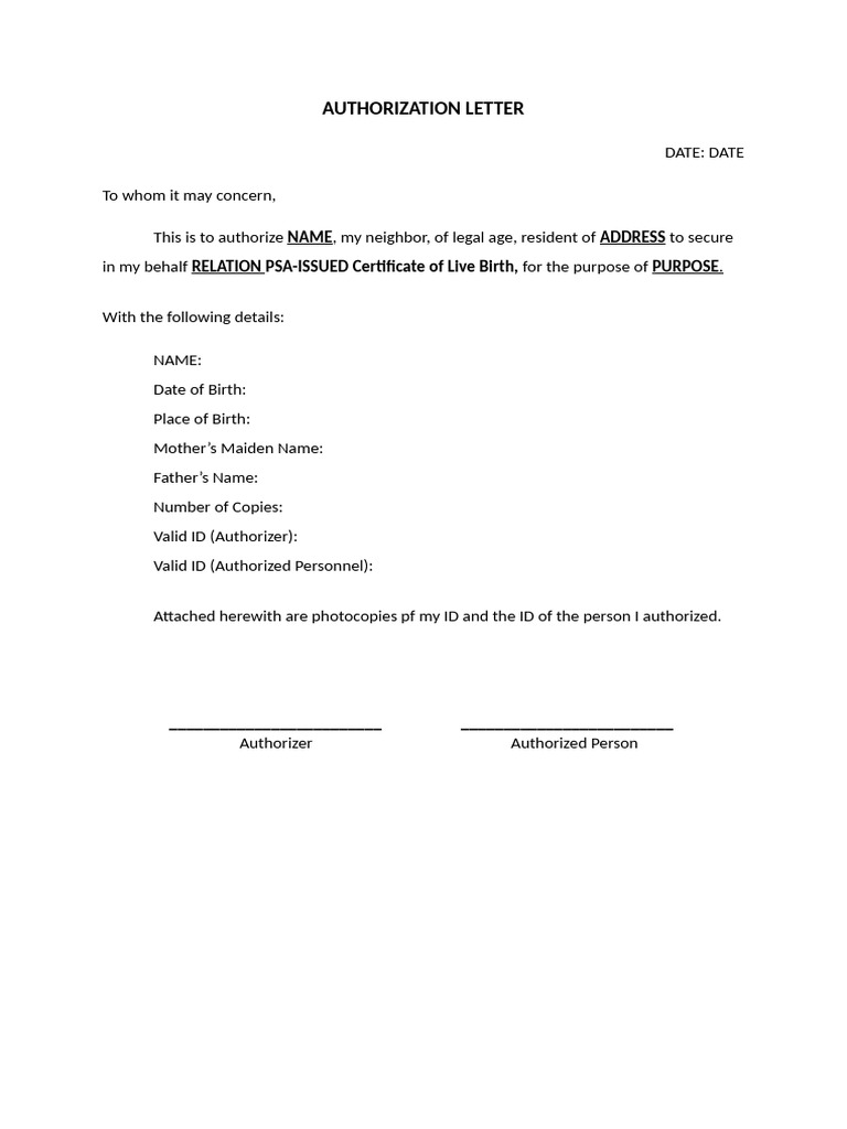 PSA Authorization Letter Template | PDF