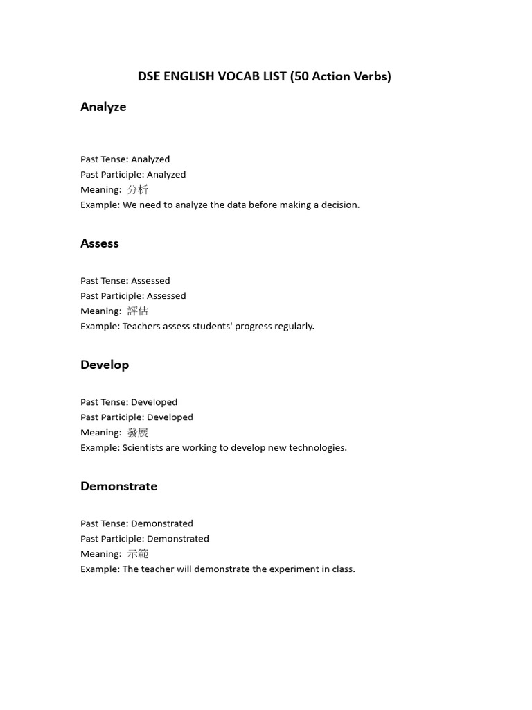 DSE English Action Verbs List | PDF | Grammatical Tense | Lecture
