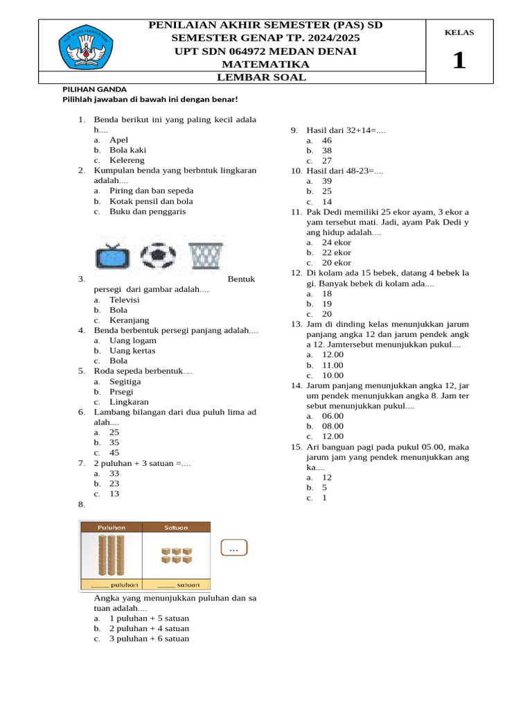 Soal Pas Matematika Sem 1 Kls 1, 2024 | PDF