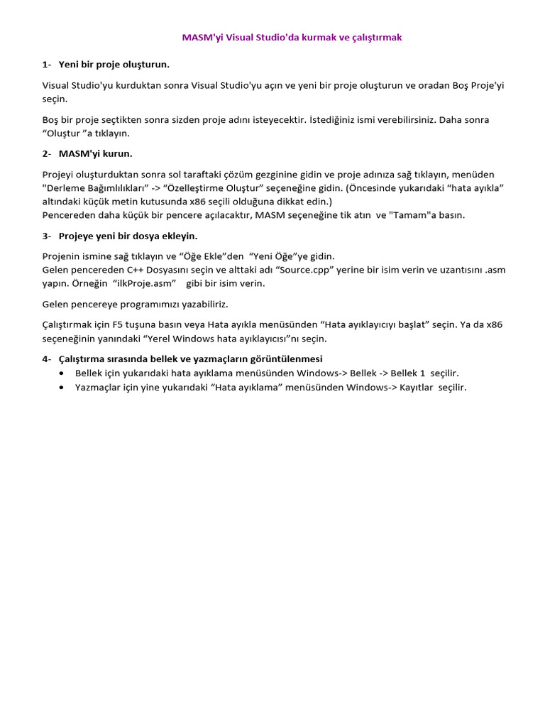 Hafta 9 Visual Studio Da MASM Ayarlari | PDF