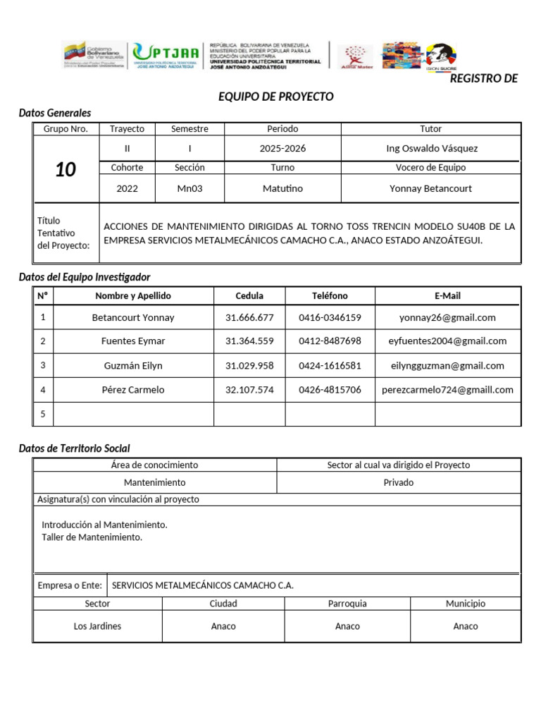 Registro de Equipo de Proyecto | PDF