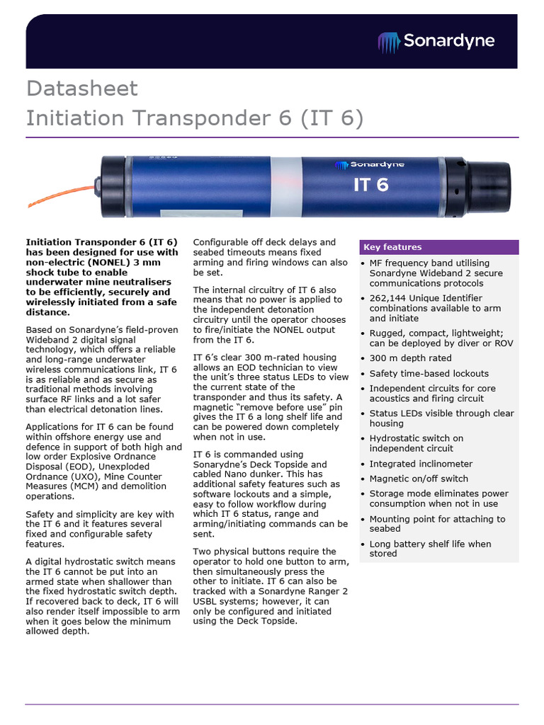 Sonardyne IT 6 Transponder Datasheet | PDF | Naval Mine | Electricity