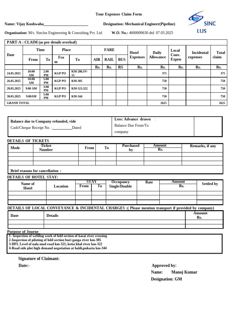 2-Tour Claim Form (Sinclus) June-25 VIJAY | PDF | Public Transport ...