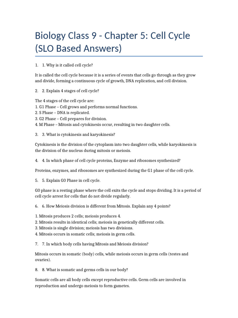 Biology Class9 Chapter5 Answers Part1 | PDF | Mitosis | Chromosome