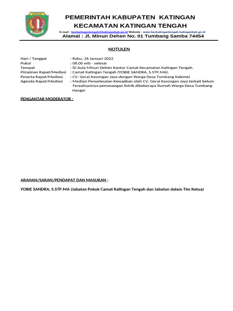 Notulen Rapat Mediasi Katingan Tengah | PDF