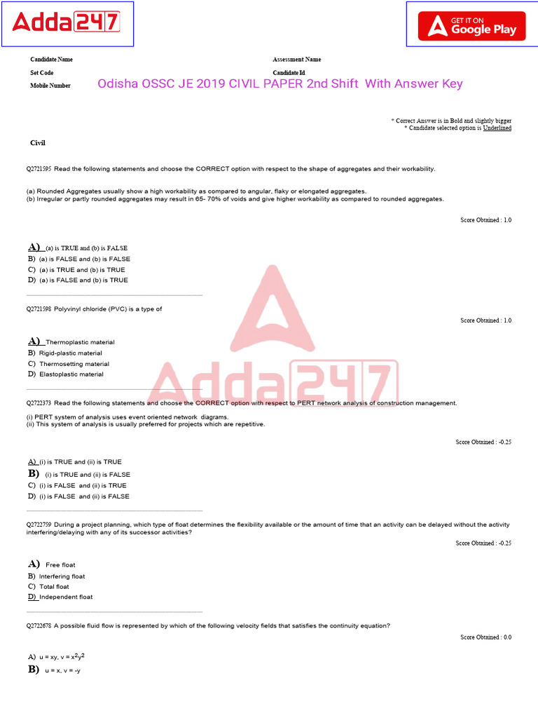 Odisha OSSC JE 2019 CIVIL PAPER 2nd Shift With Answer Key | PDF | Pump ...