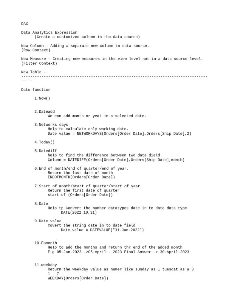 DAX Date Functions and Calculations Guide | PDF