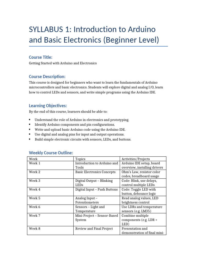 Arduino Syllabus 1 Beginner Pdf Arduino Electrical Engineering